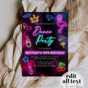 Neon Dance Party Invitation for Glow Disco Party for Birthday or Shower ...