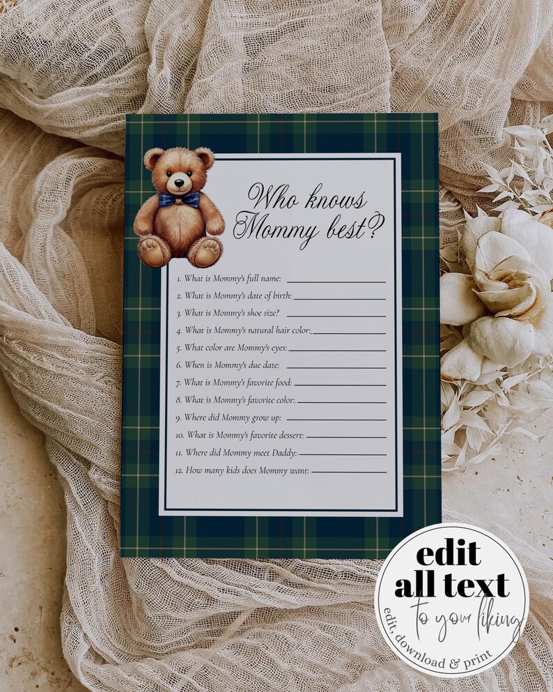 Preppy Teddy Baby Shower Game Template, Who Knows Mommy Best Navy Green ...