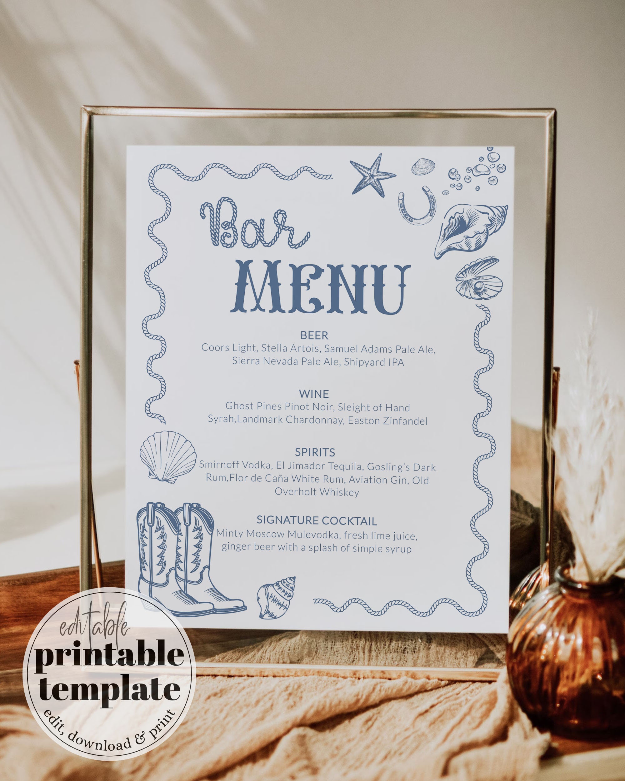 Coastal Cowgirl Bar Menu Template, Nautical Bachelorette Drinks Menu ...