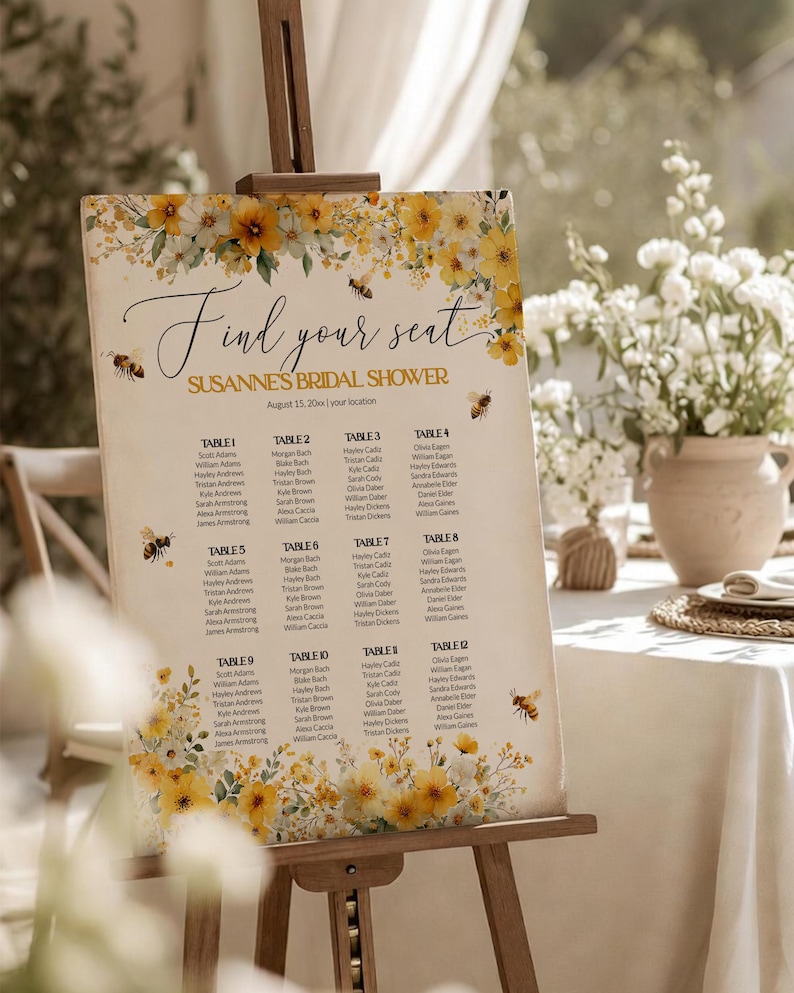 Honey Bee Seating Chart Template, Bumble Bee Bridal Shower Reception ...