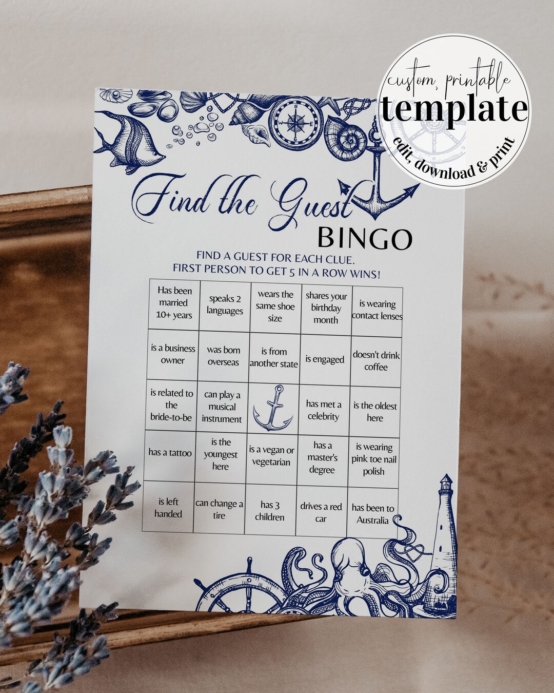 Find the Guest Bridal Bingo Game for Nautical Bridal Brunch or Baby ...