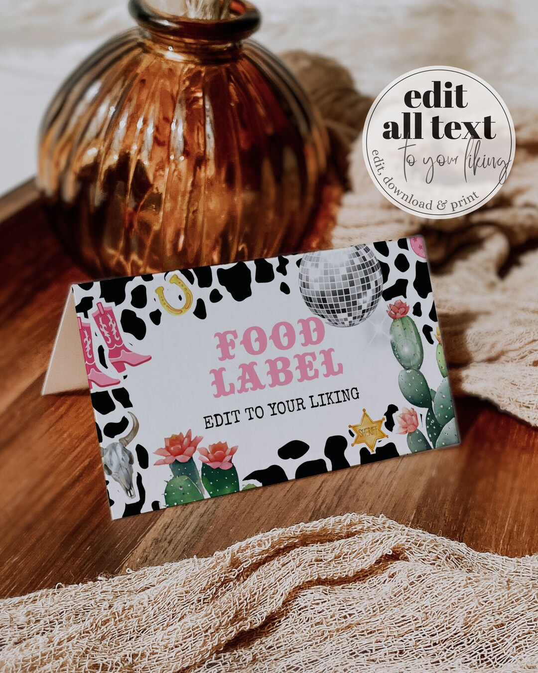 Editable Disco Cowgirl Food Label and Place Card Templates Bachelorette ...