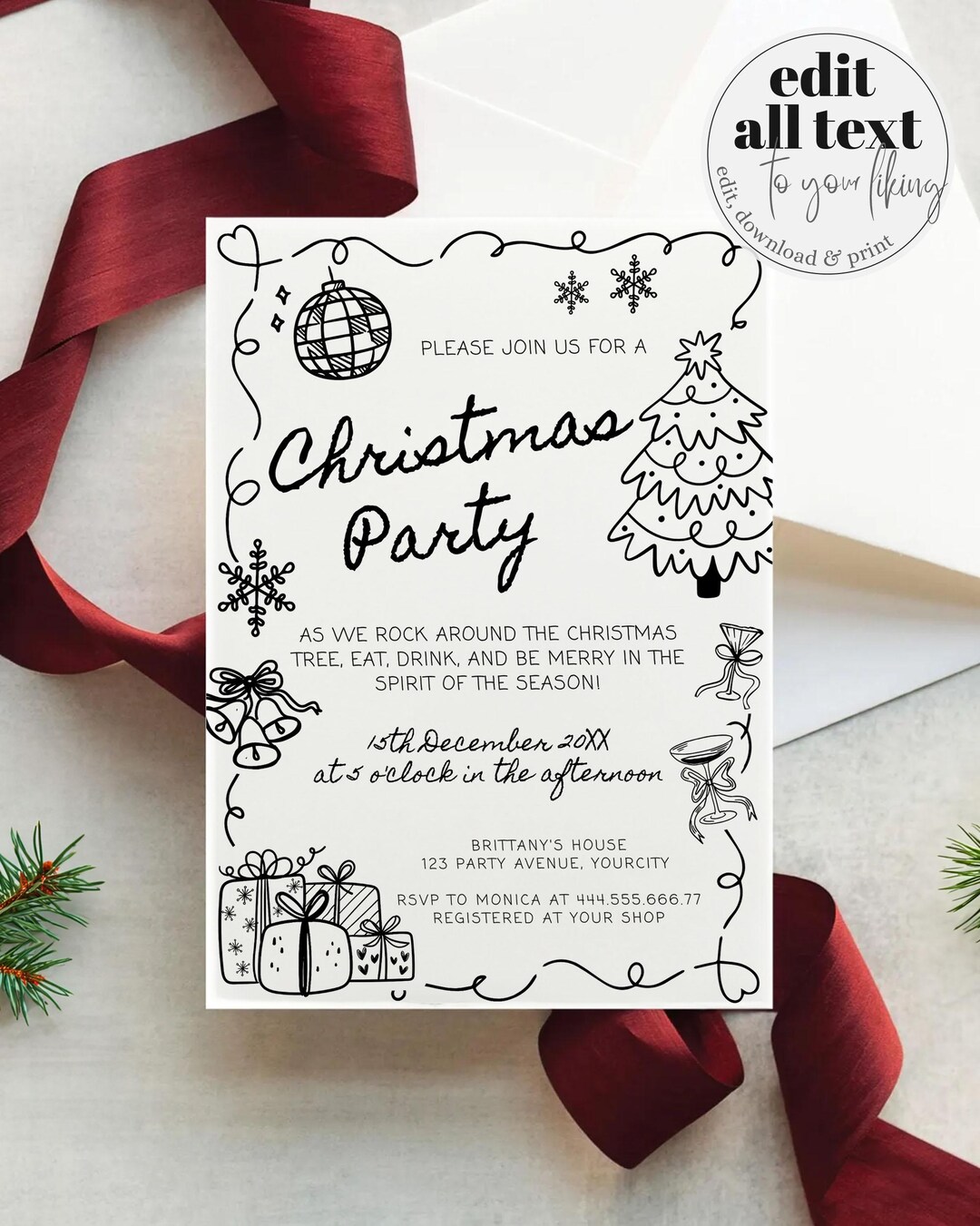 Funky Doodle Christmas Party Invitation Template, Scribble Holiday ...
