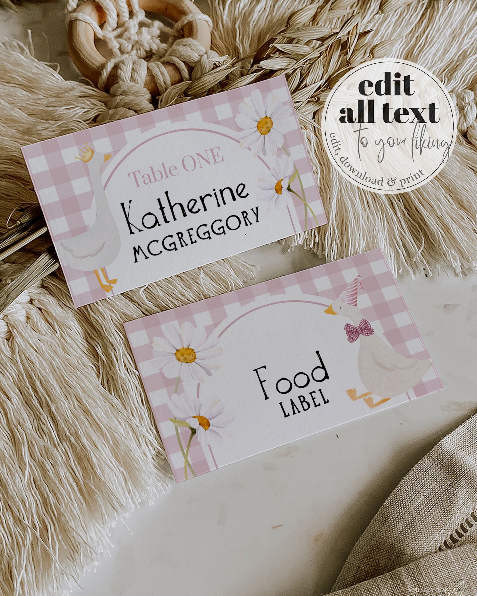 One Silly Goose Place Card Template, Pink Gingham Daisy Food Label ...