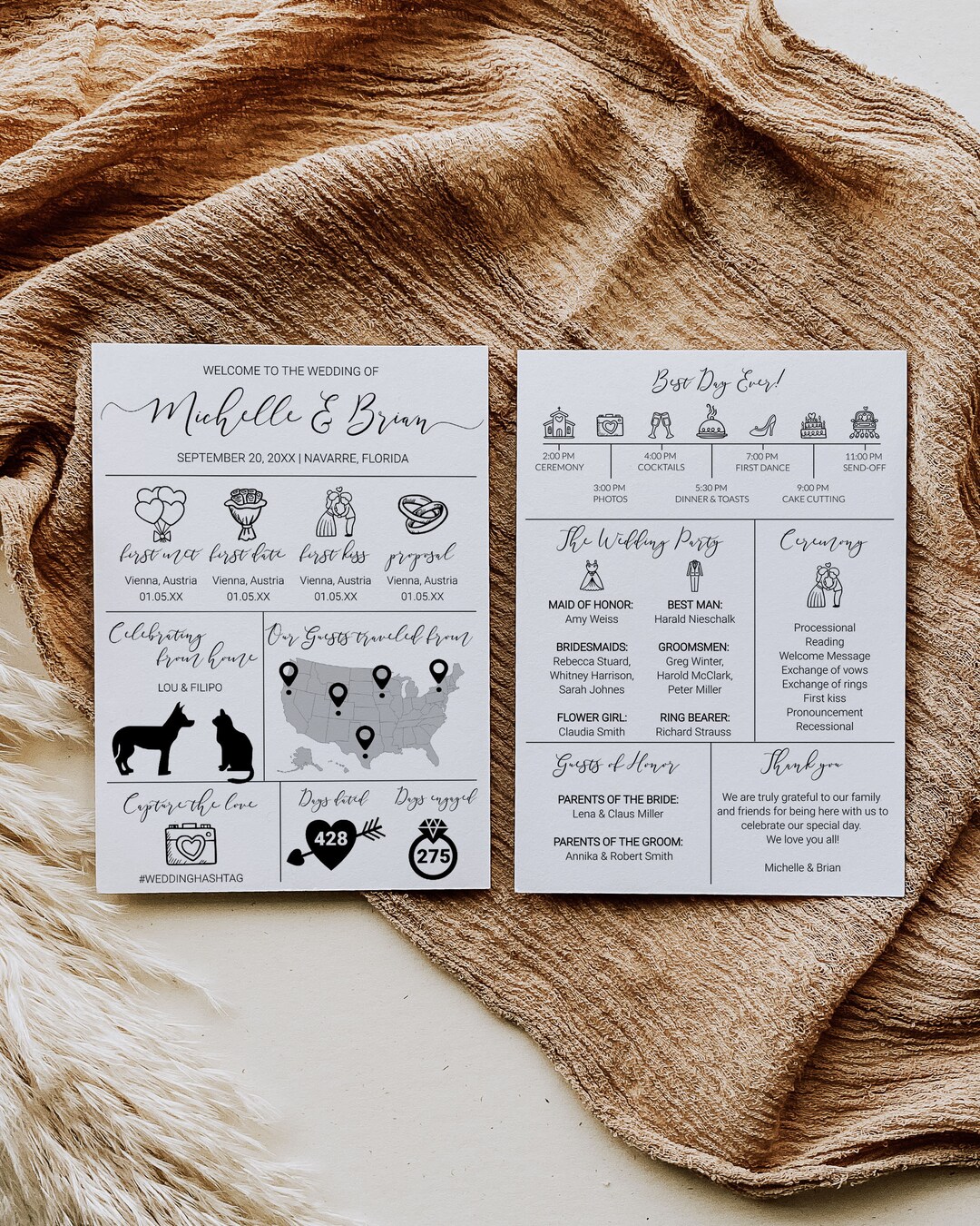 Wedding Program With Timeline, Itinerary and Fun Facts for Romantic Wedding Ceremony Modern ...