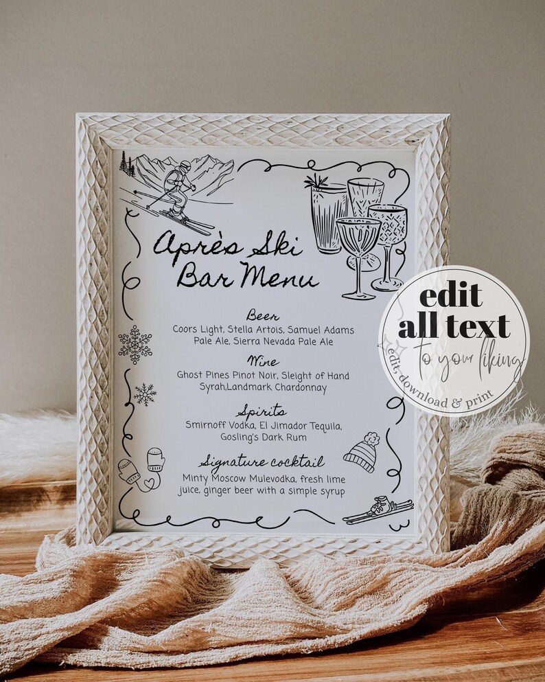 Après Ski Bar Menu Sign Template, Handwritten Winter Mountain Cocktail ...