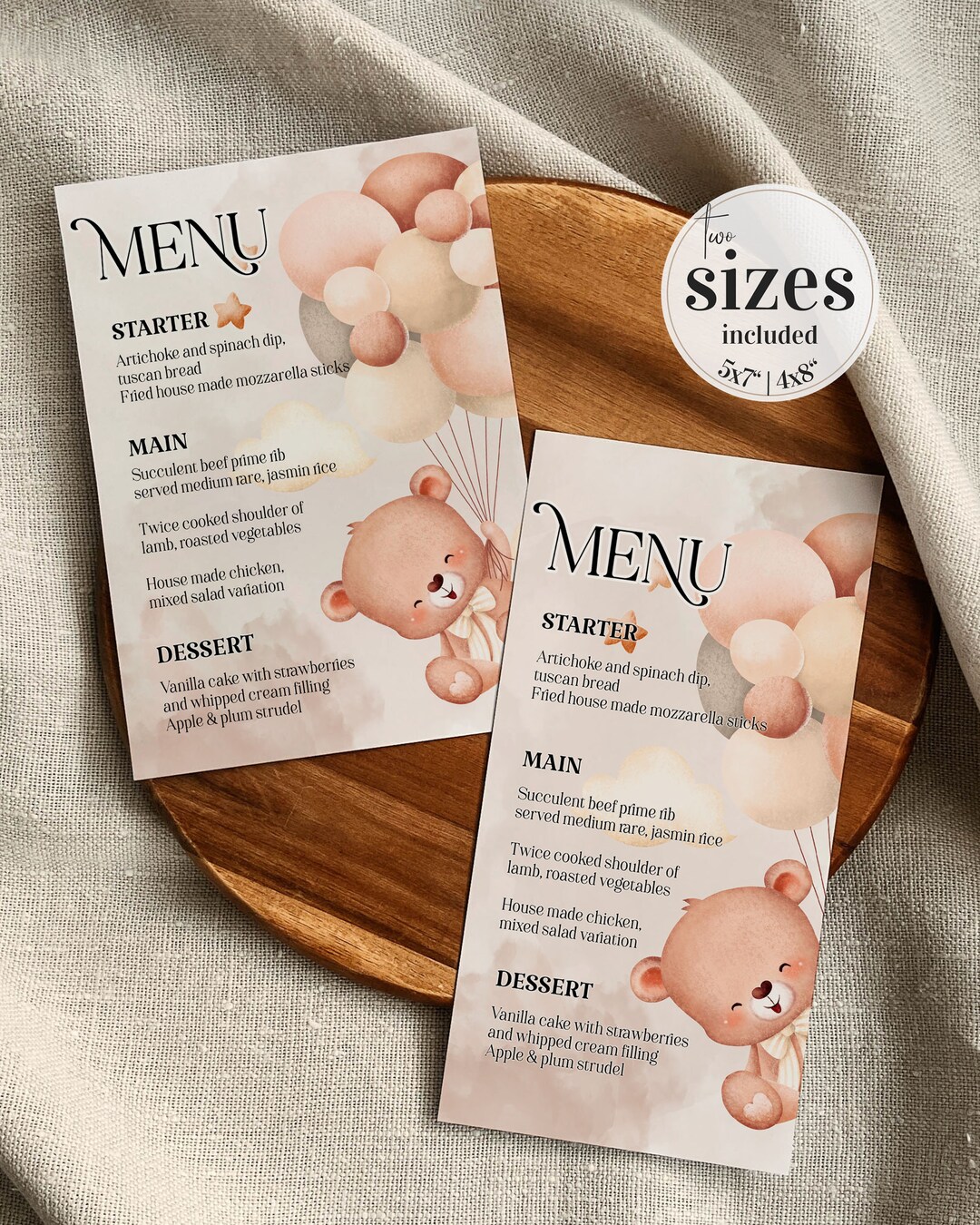 Downloadable Menu Card Template Bear Balloon Gender Neutral Shower Menu ...