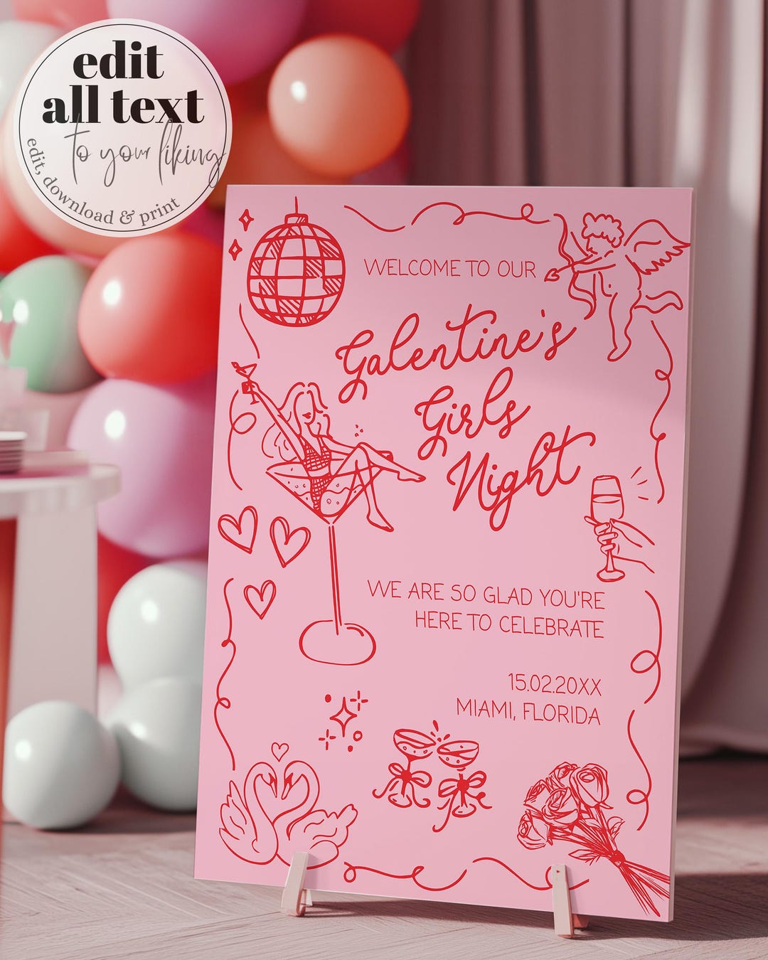 Handwritten Galentines Day Welcome Sign for Girls Night, Funky Doodle ...