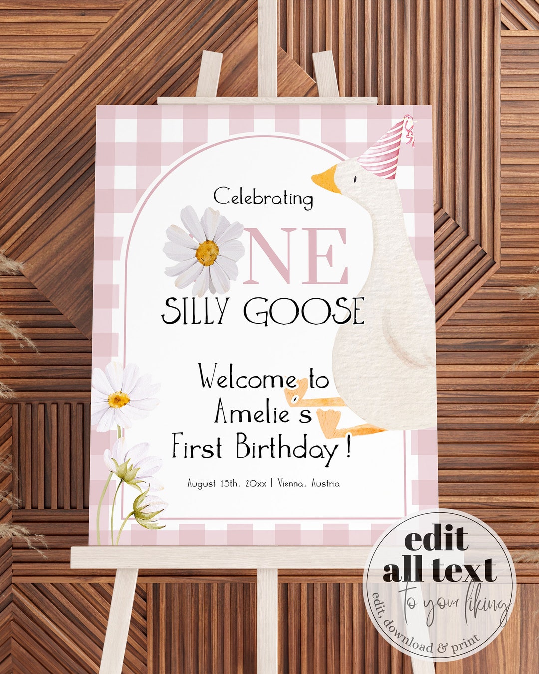 One Silly Goose 1st Birthday Welcome Sign, Gingham Daisy Silly Goose on ...