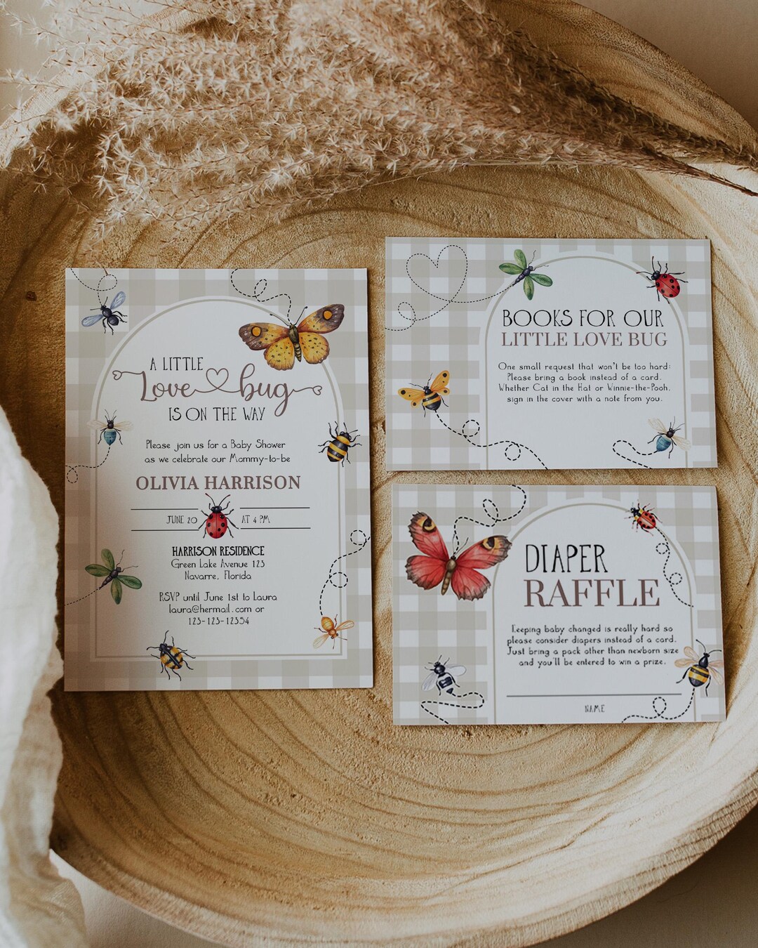 Love Bug Baby Shower Invitation, Cottagecore Gingham Gender Neutral ...
