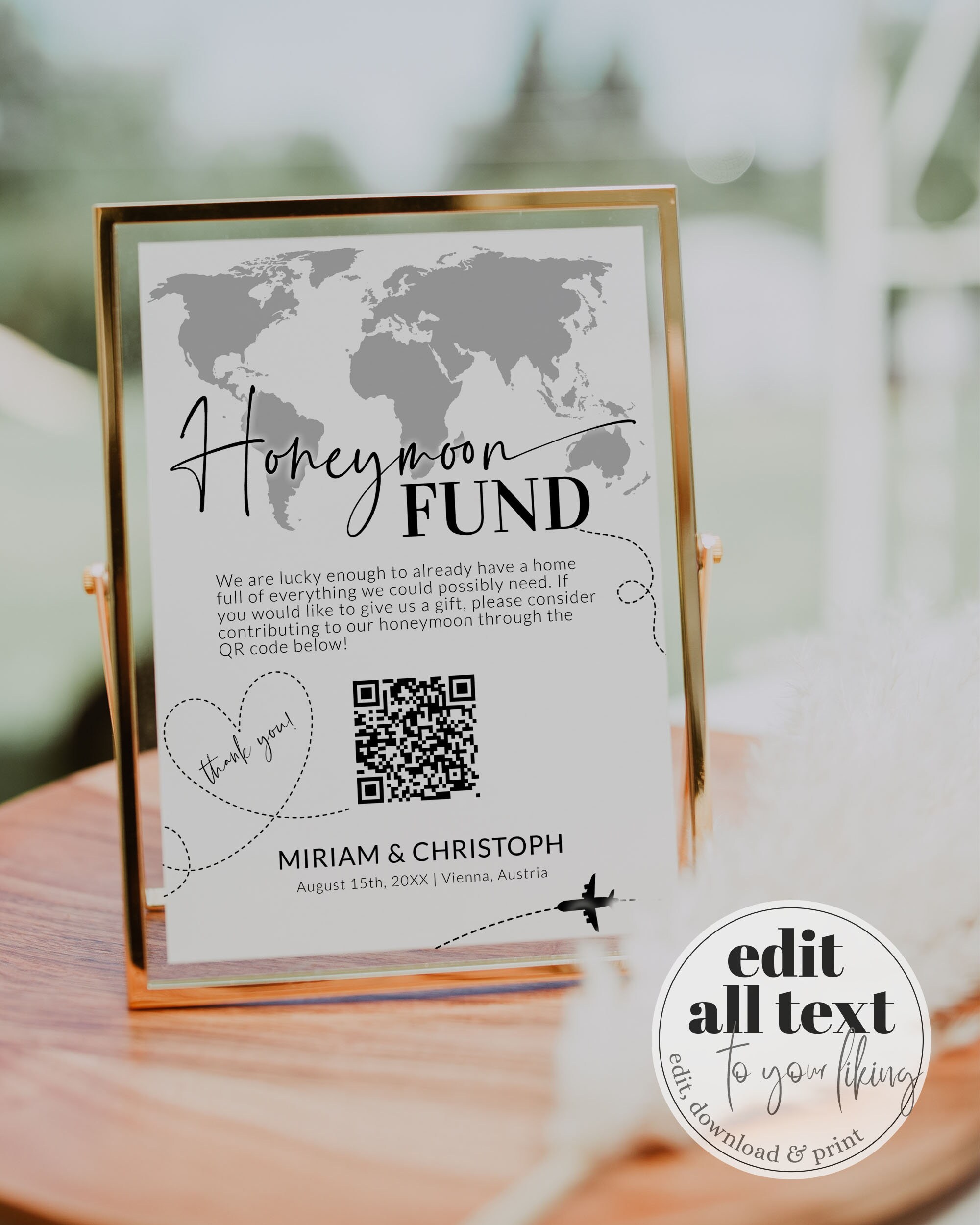 Honeymoon Fund Sign Template, Travel Wedding QR Code World Map ...