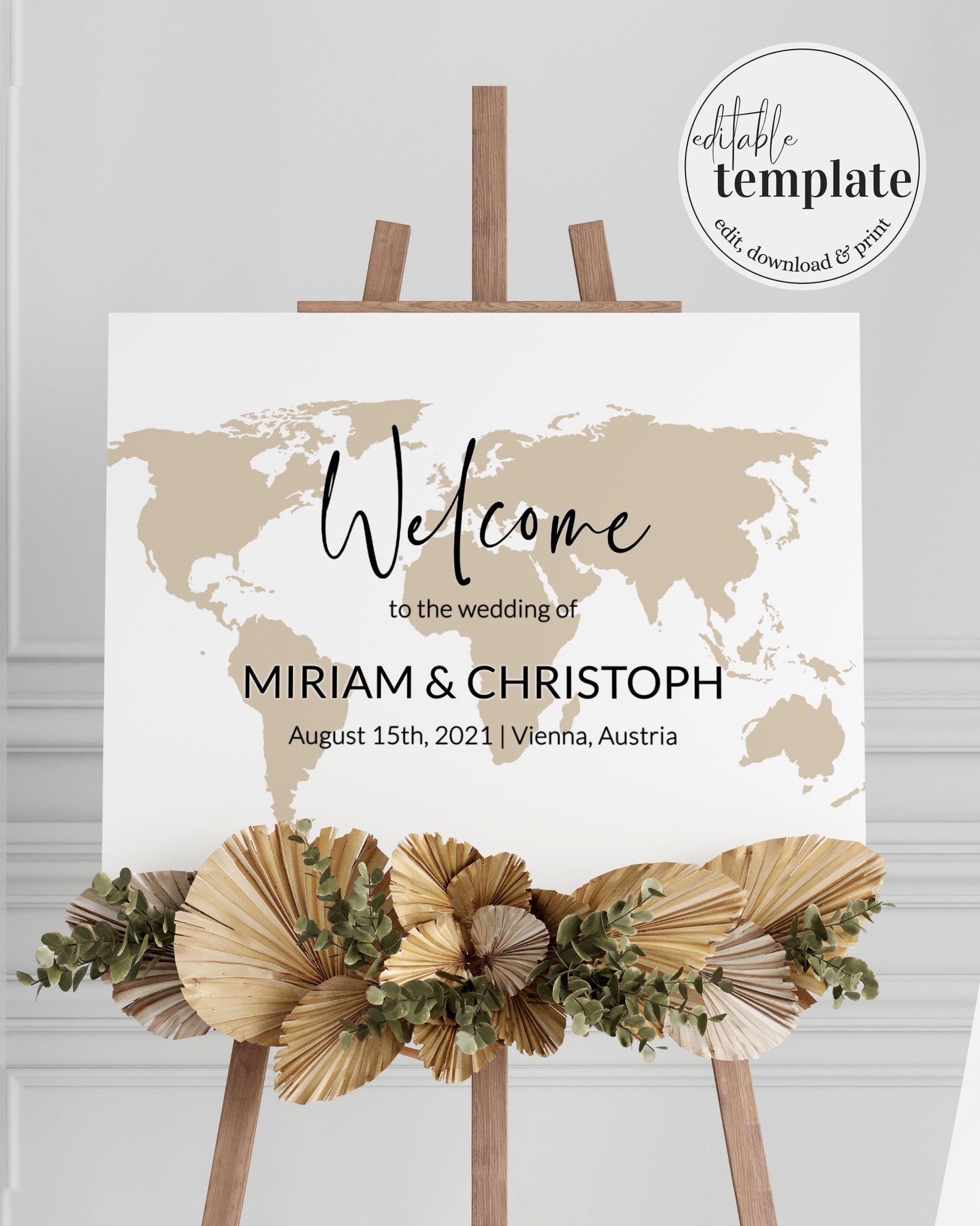 Destination Wedding Welcome Sign With Watercolor World Map for a Travel ...
