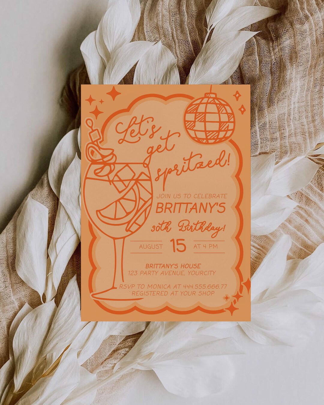 Orange Spritz 30th Birthday Invitation, Let’s Get Spritzed Wavy Frame ...
