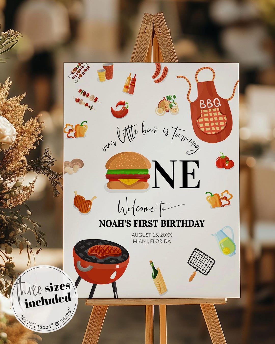 BBQ Burger 1st Birthday Welcome Sign Template Bun Ist Turning ONE BBQ Summer Boy Decorations ...