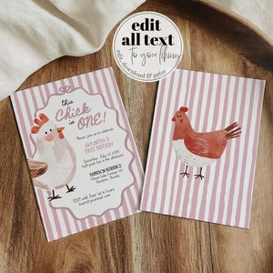 One Cute Chick Pink First Birthday Invitation, Whimsical Chicken Themed ...