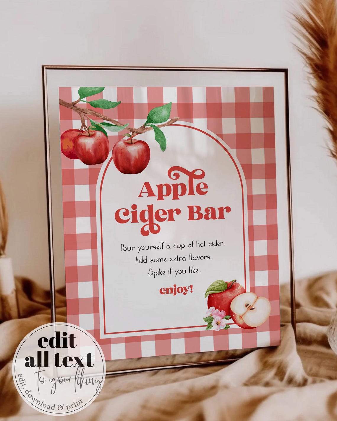 Apple Cider Bar Sign, Fall Gingham Apple Shower Decor Template 092AP ...