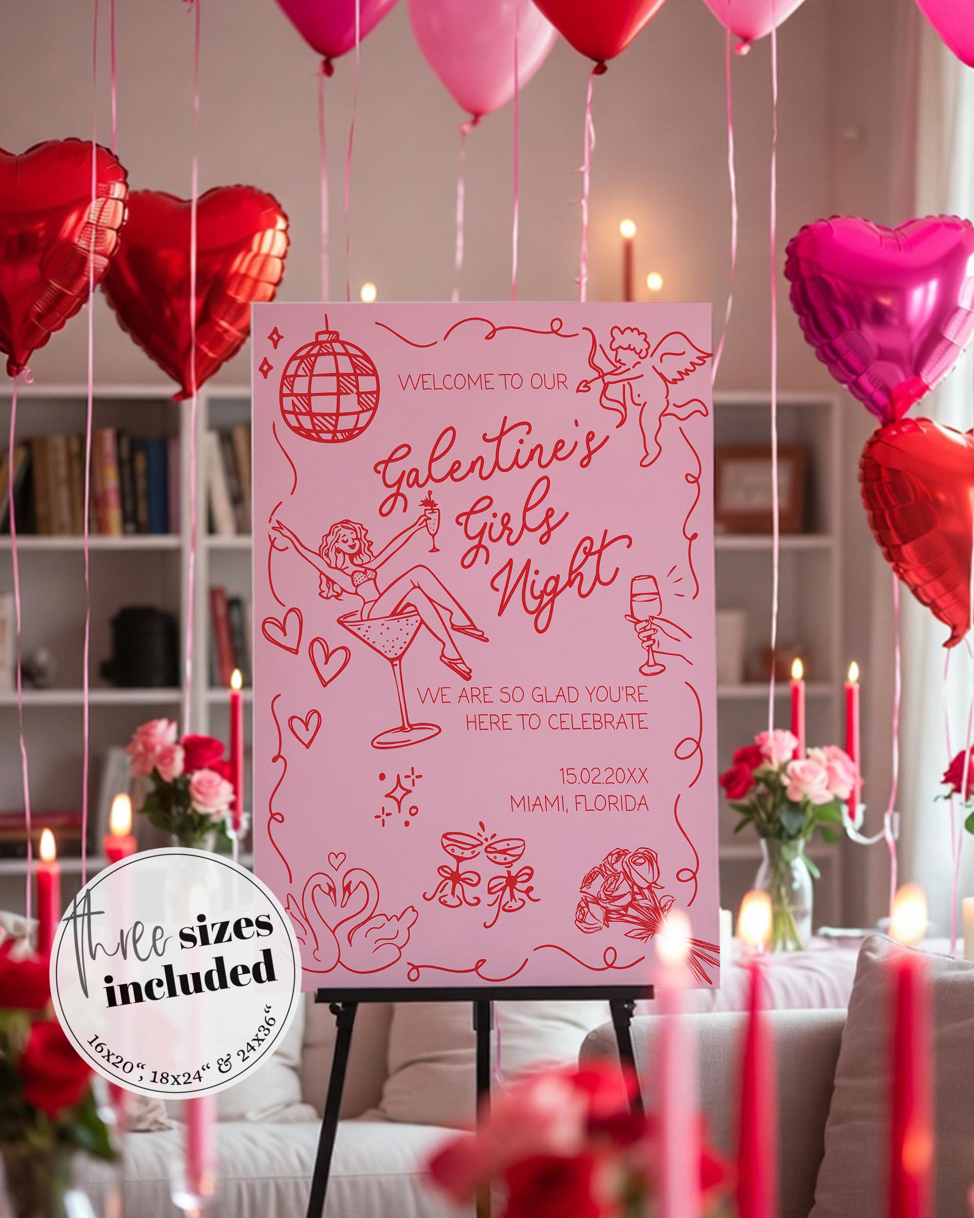 Girls Galentines Day Welcome Sign Template Funky Doodle Valentines ...