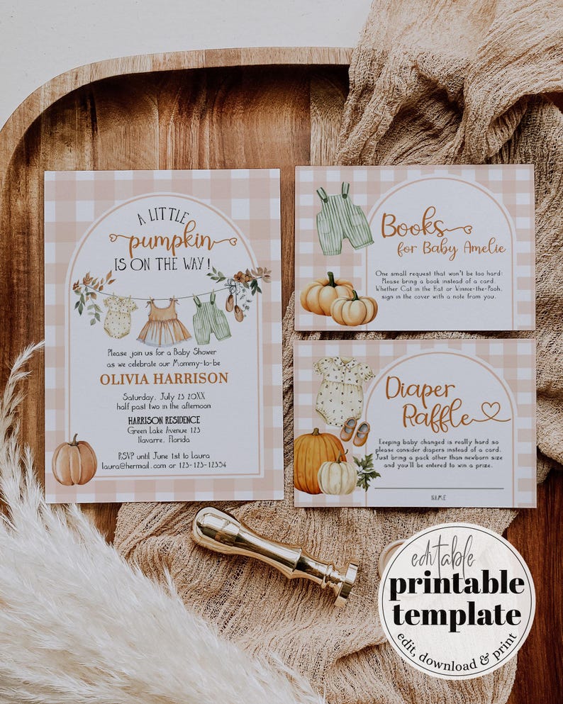 Orange Pumpkin Baby Shower Invitation Suite, Fall Cutie Pie Clothesline ...