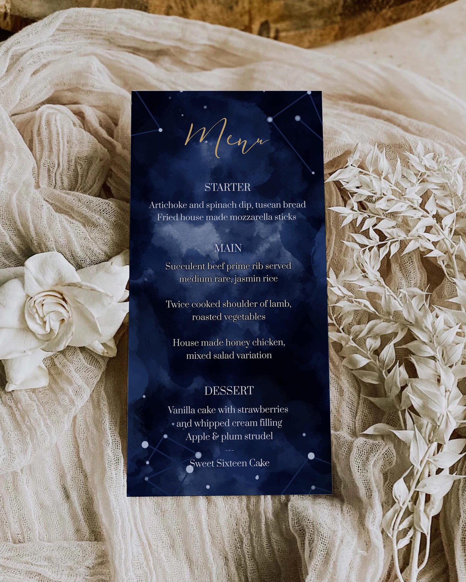 Celestial Wedding Menu Card Template, Navy Gold Starry Night Table ...