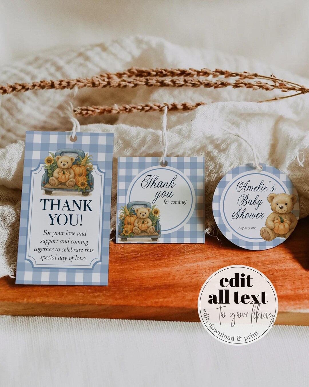 Fall Pumpkin Bear Baby Shower Favor Tags, Teddy Truck Thanksgiving ...