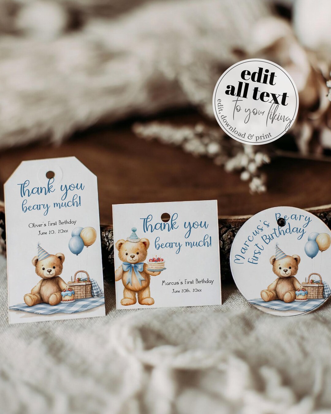 Blue Bear Favor Tags Template, Teddy Bear Picnic Labels Stickers ...