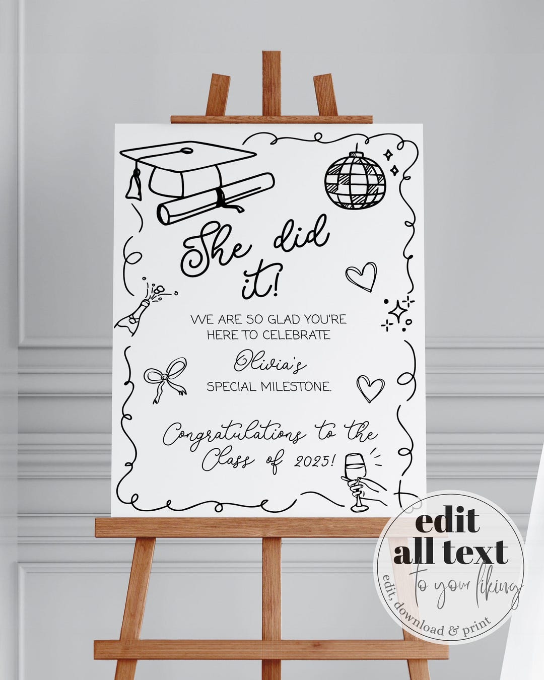 Graduation Party Welcome Sign Class of 2025 Hand Drawn Wavy Frame ...