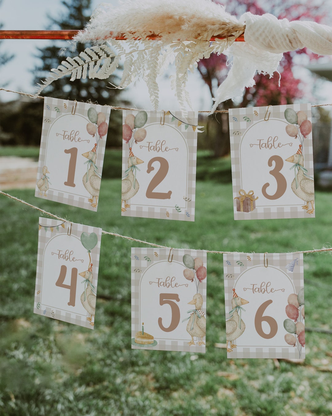 One Silly Goose Table Numbers, Neutral Gingham First Birthday Template ...