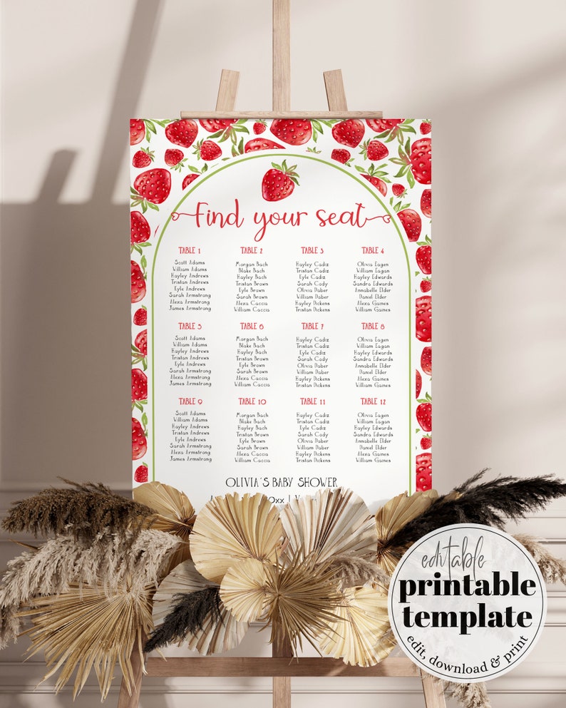 Strawberry Seating Chart Sign Template, Berry First Birthday Find Your ...