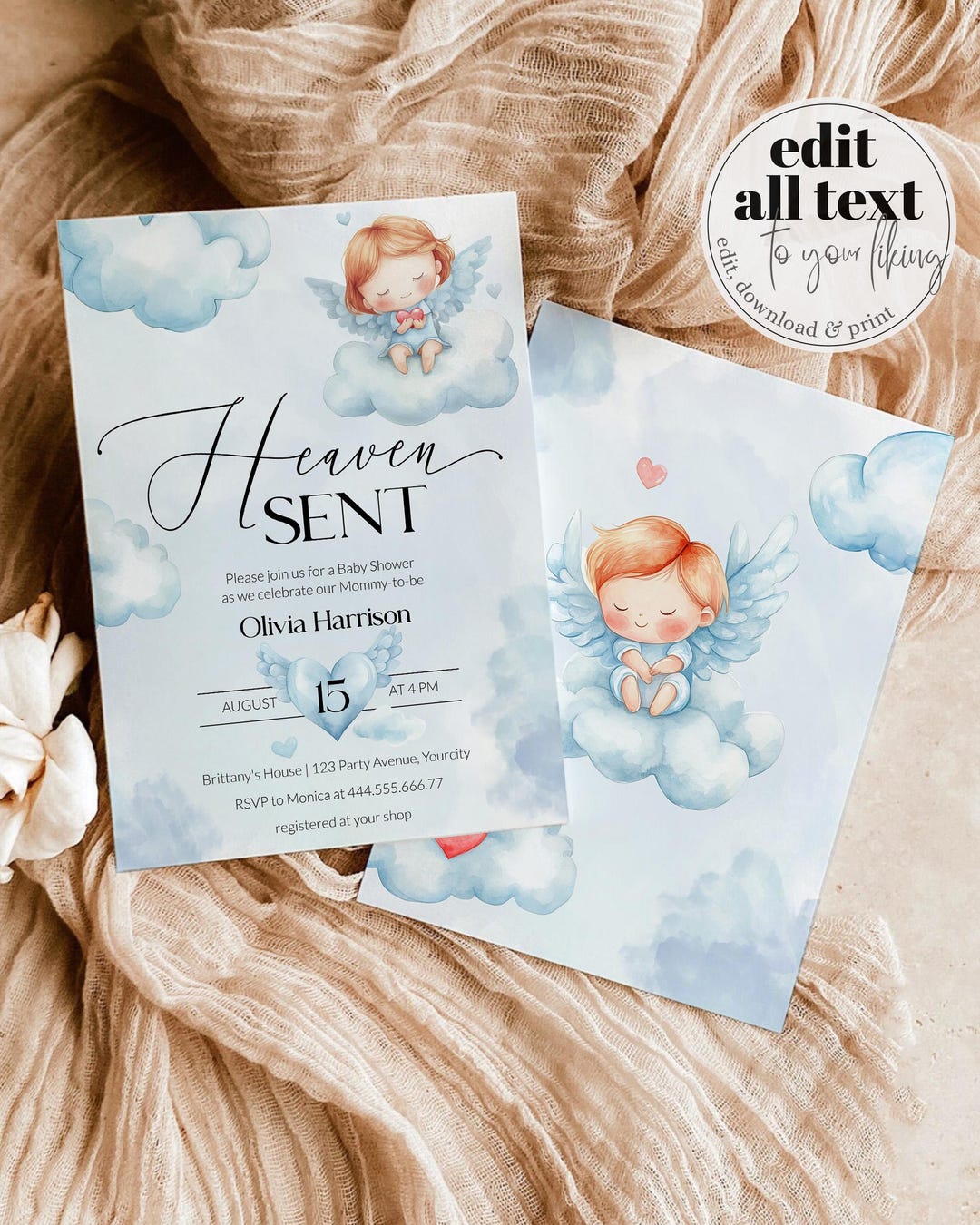 Heaven Sent Baby Shower Invitation, Blue Angel Wings Boy Shower ...