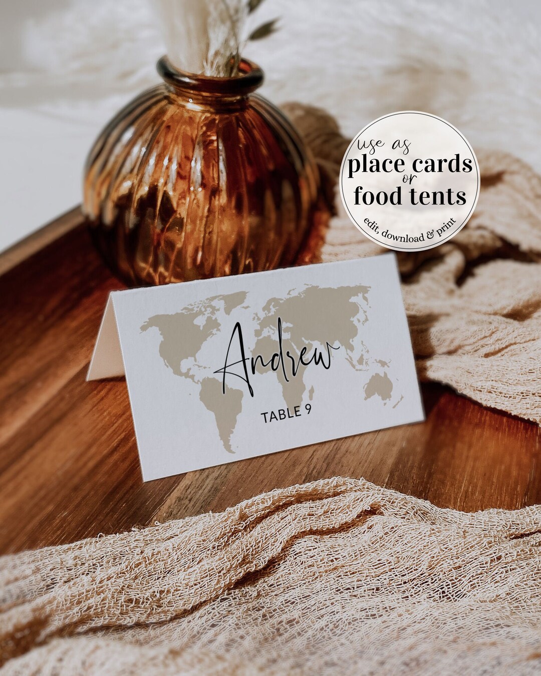 Destination Wedding Place Card Template, Watercolor World Map Printable ...