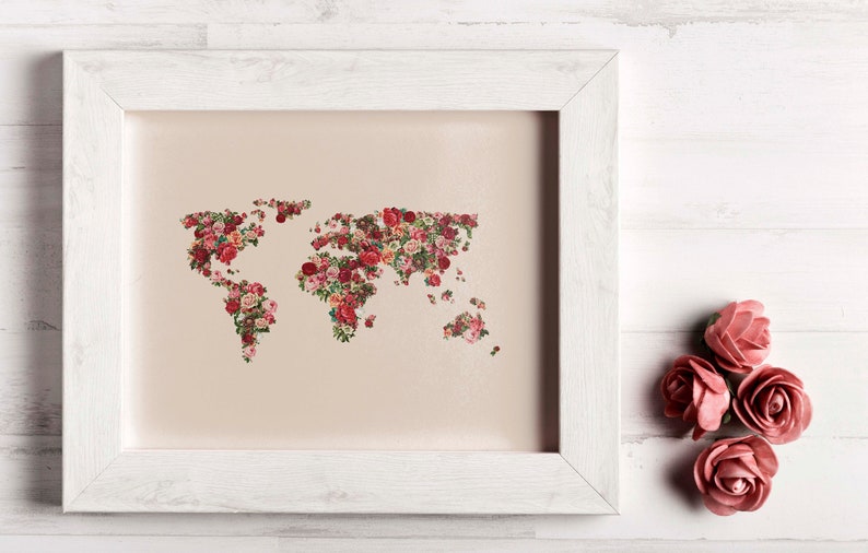 Floral World Map Poster Roses Art Print Wanderlust Poster | Etsy Canada