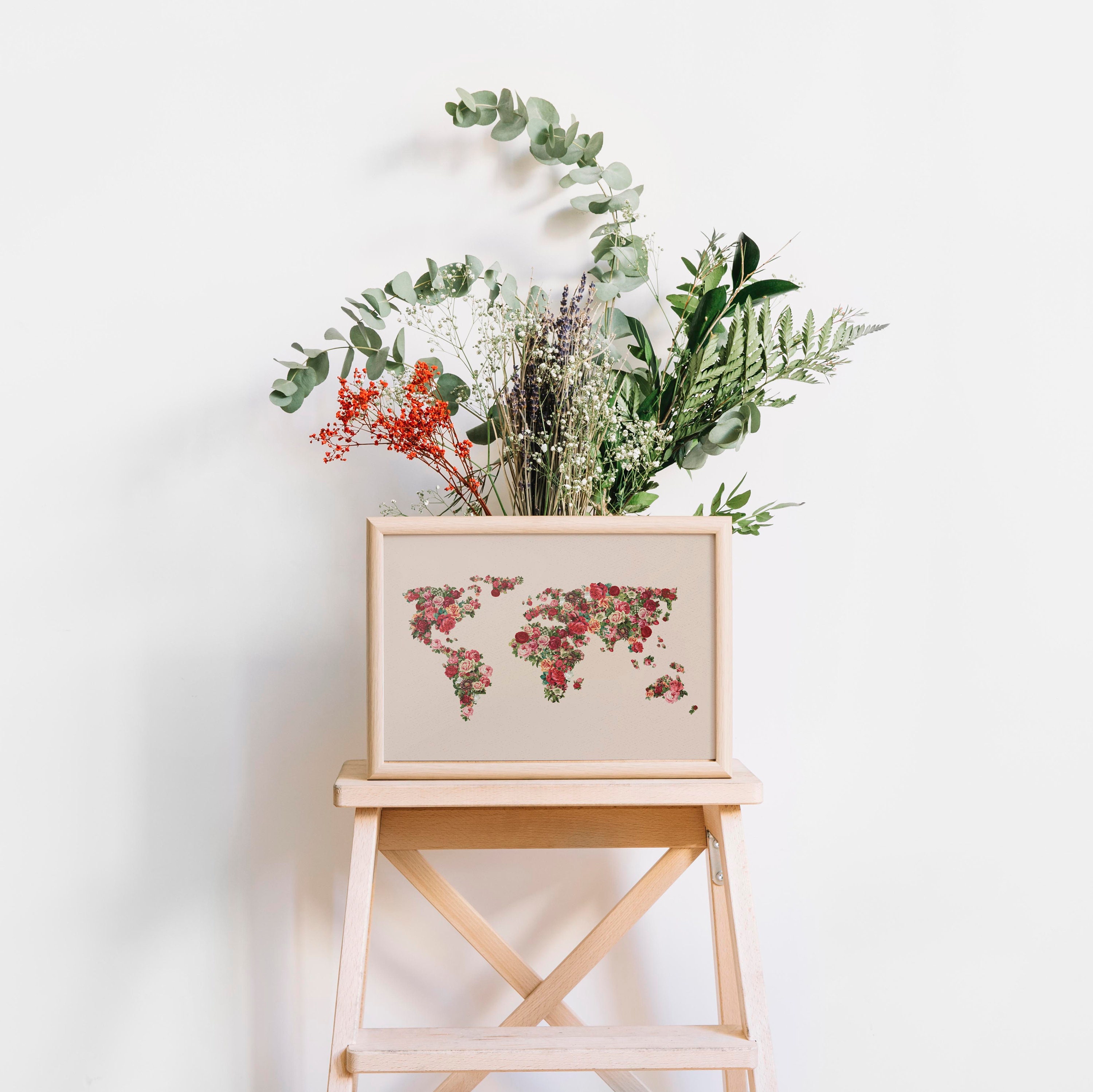 Floral World Map Poster Roses Art Print Wanderlust Poster | Etsy Canada