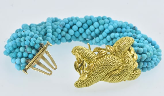 Fine Turquoise Bead Torsade Bracelet Centering an 18K… - Gem