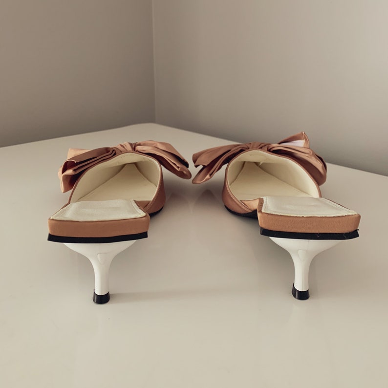 Nude Satin Bow Mules Beige Kitten Heel Wedding Shoes Low Heel Etsy