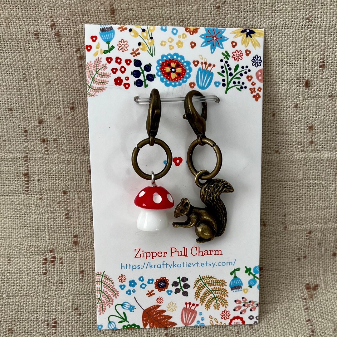 Woodland Squirrel and Mushroom Zipper Pull Charms for Handbag, Pouch ...