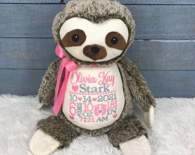 Personalized Stuffed Sloth, Personalized Baby Gift, Birth Announcement ...