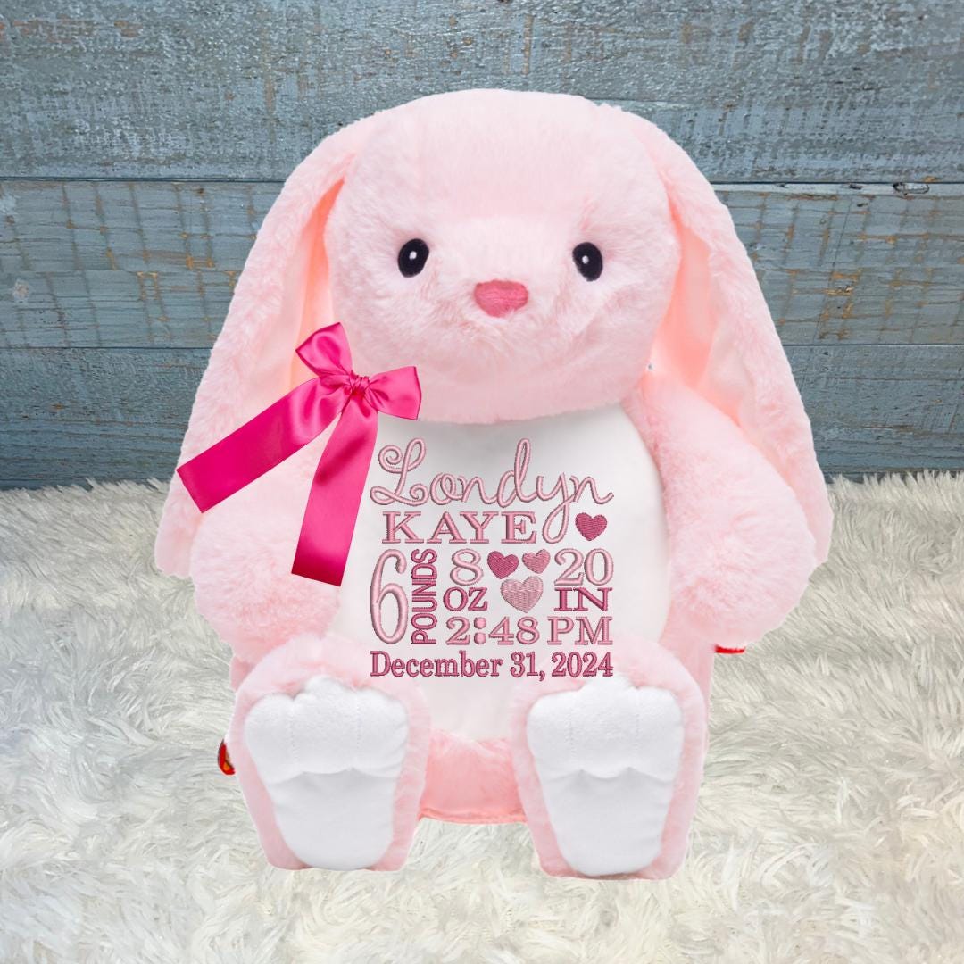Personalized Stuffed Bunny, Personalized Baby Gift, Birth Announcement ...