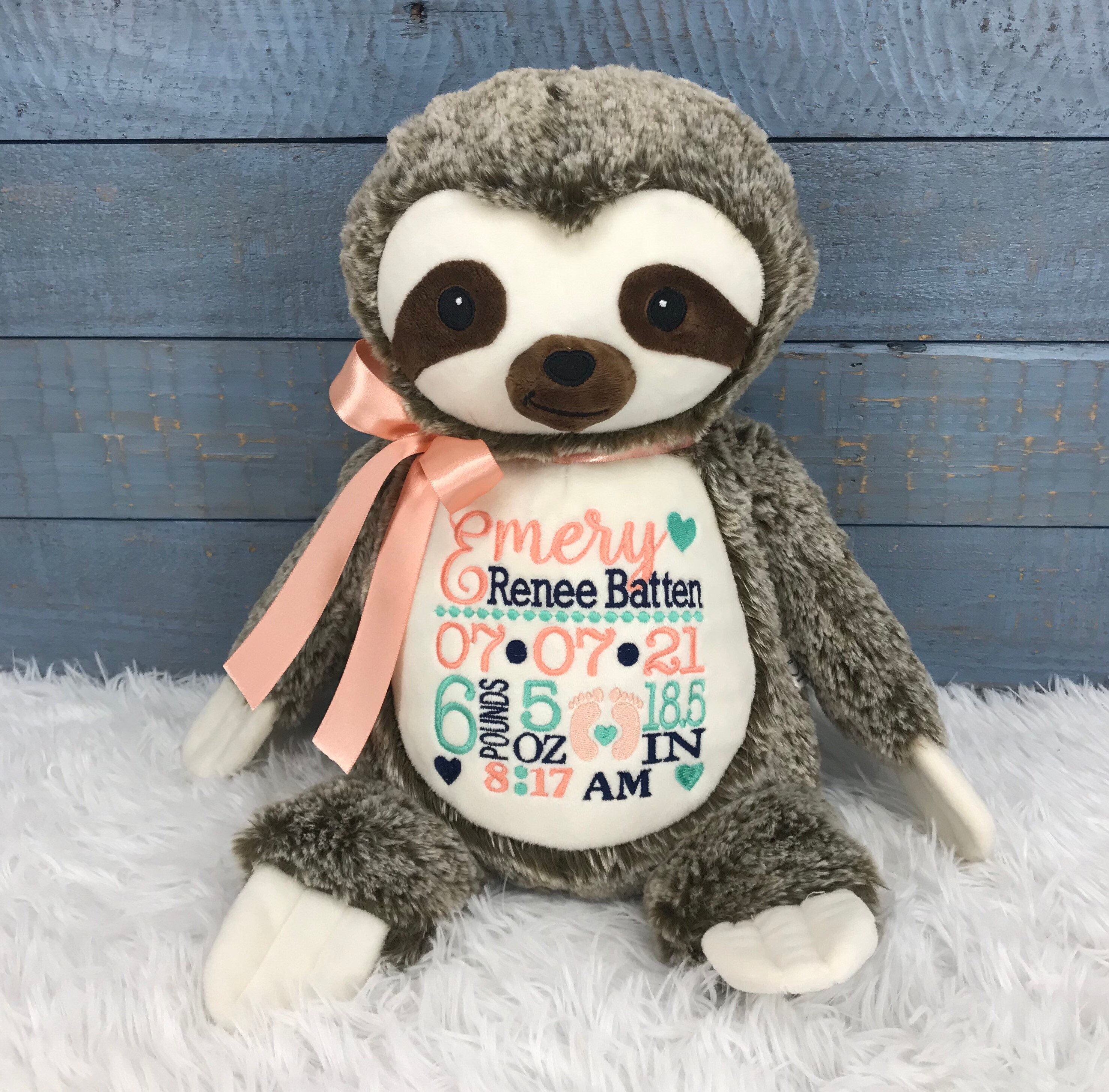 Personalized Stuffed Sloth, Personalized Baby Gift, Birth Announcement ...