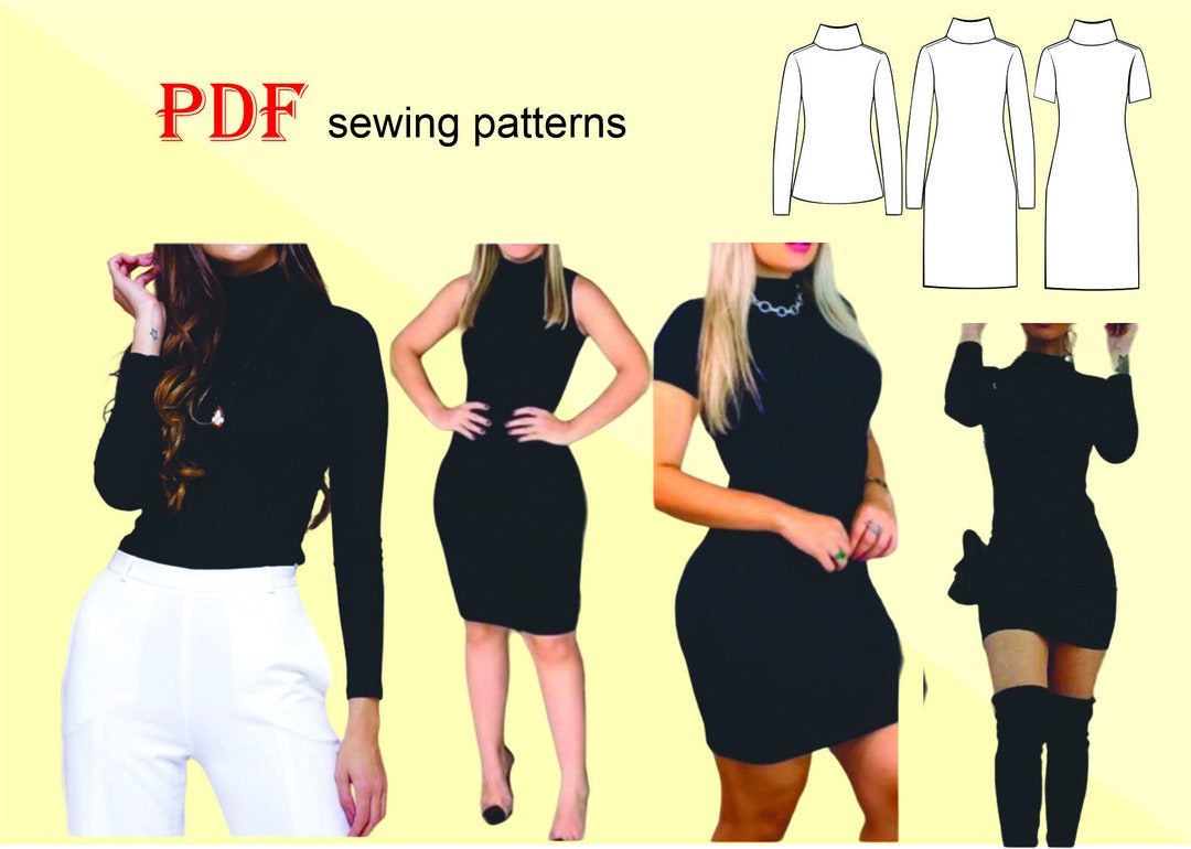 Turtleneck and Mock Neck Sewing Pattern PDF, T-shirt, Dress, Long and ...