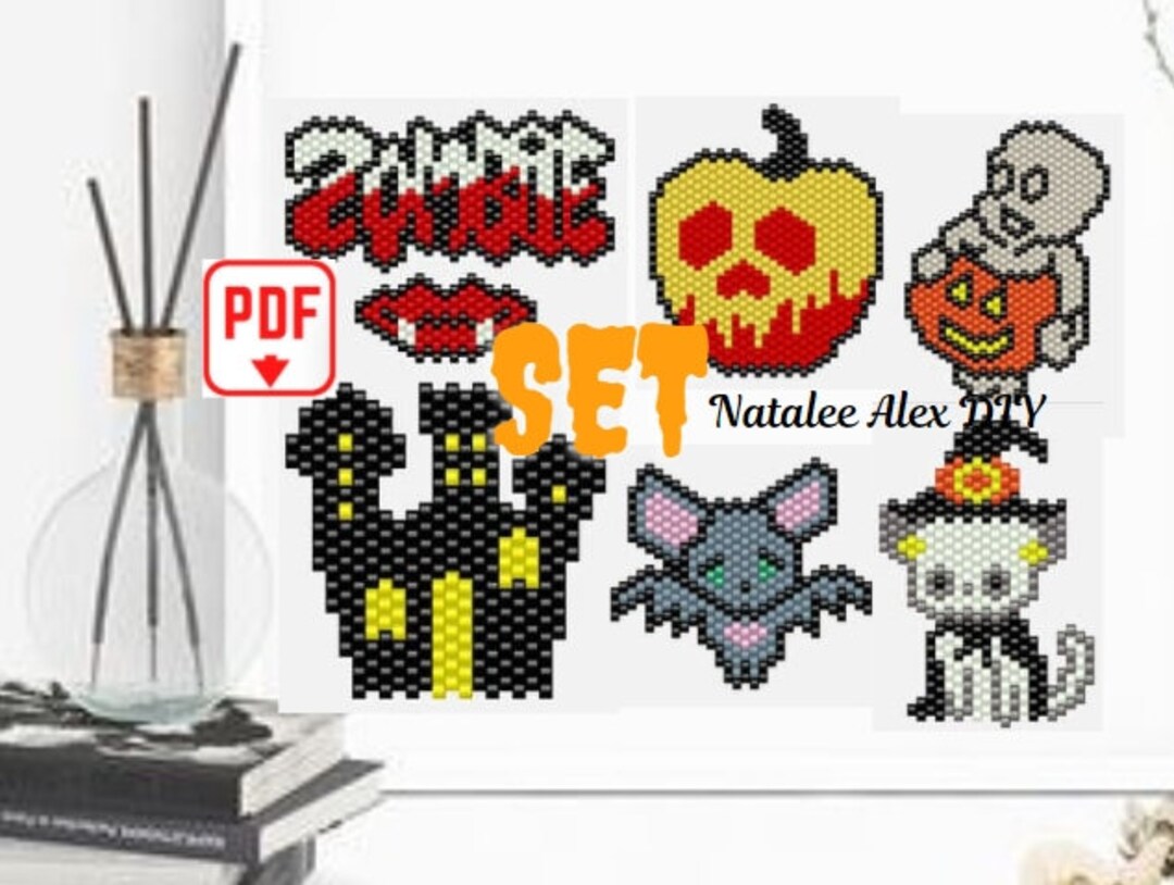Halloween Set Brick Stitch Pattern Ornament Pattern Zombie Castle Bat ...