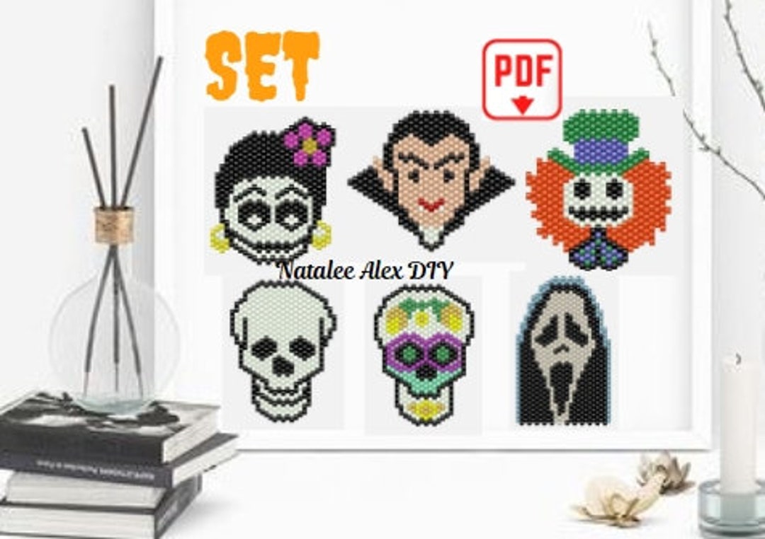 Set Halloween Ornament Pattern Brick Stitch Pattern Scull Vampire ...