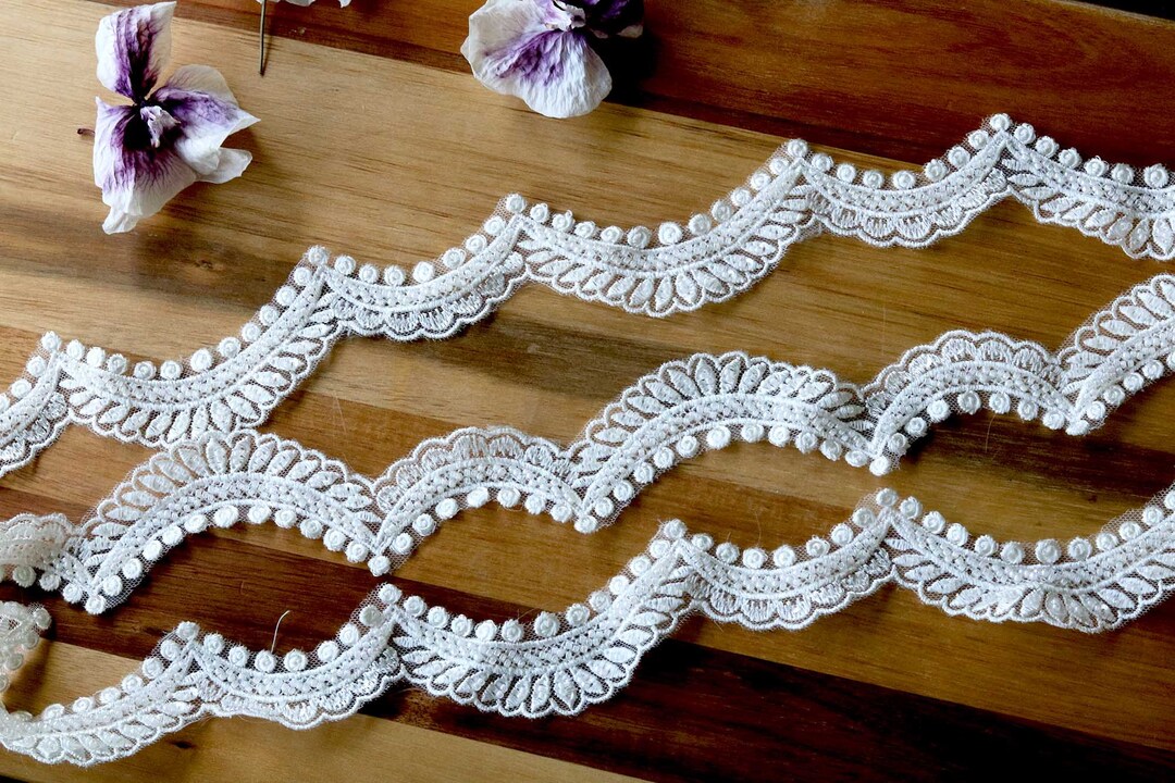 V004 Wave Lace Trim, Beaded Lace Trim, Light Ivory Lace Trim, Bridal ...