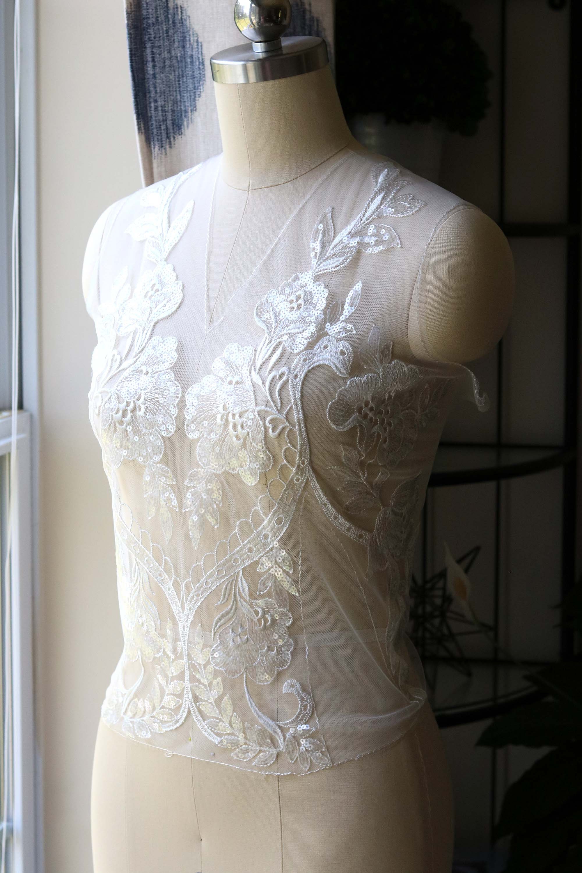 2045 Sequin Bridal Bodice Lace Applique, V Neck Lace Applique, Wedding ...