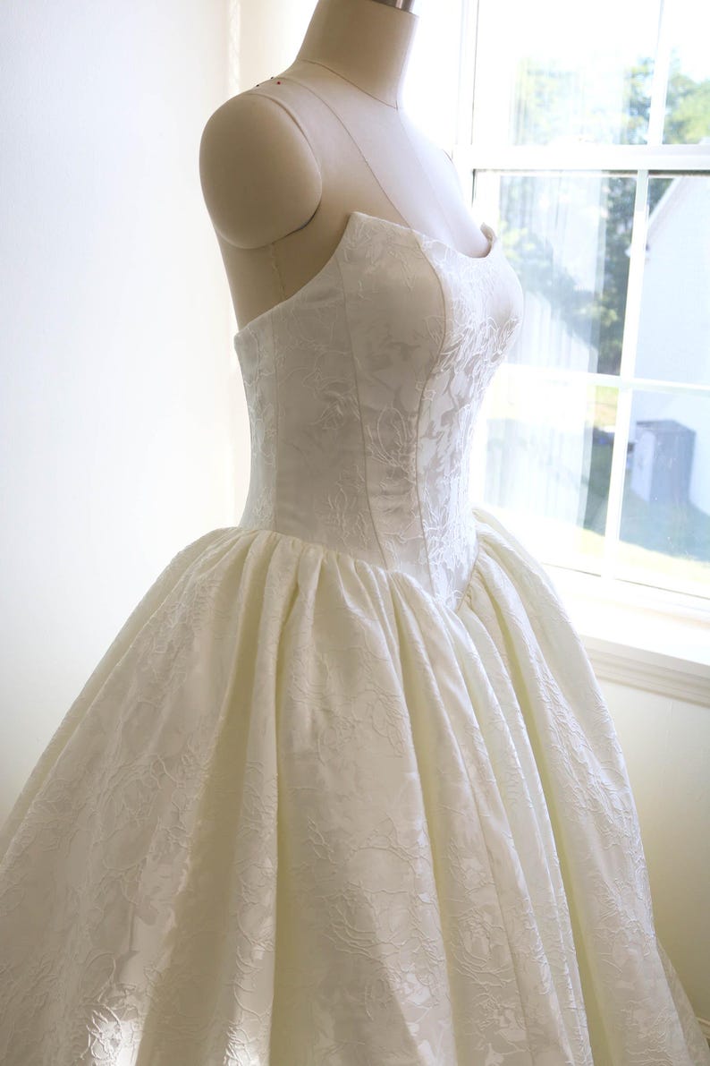Jacquard Wedding Dress With Basque Drop Waist, Corset Back Cat Eye Ball ...