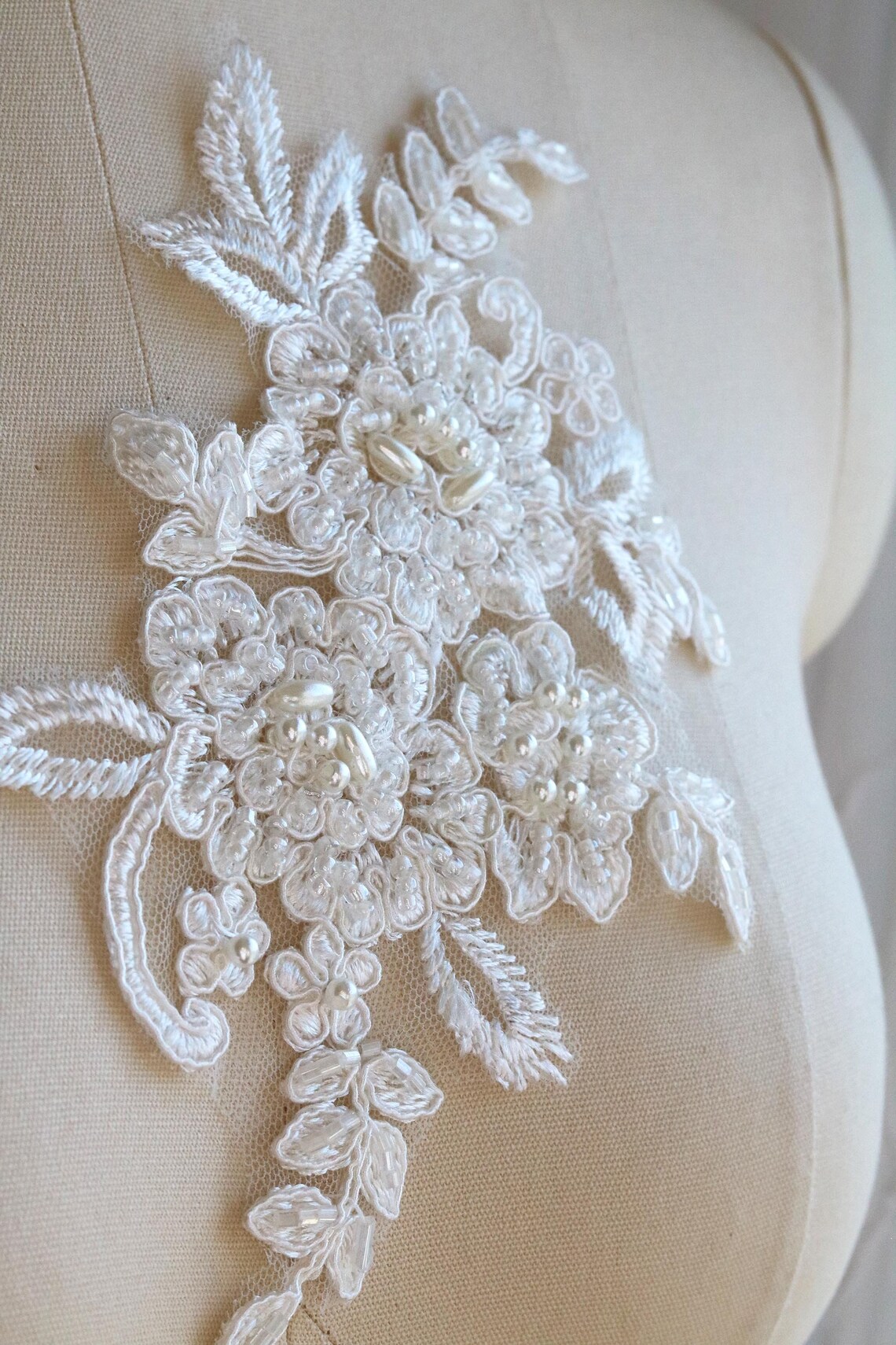 2102 Hand Beaded Bridal Lace Applique Pearl Beaded Lace | Etsy