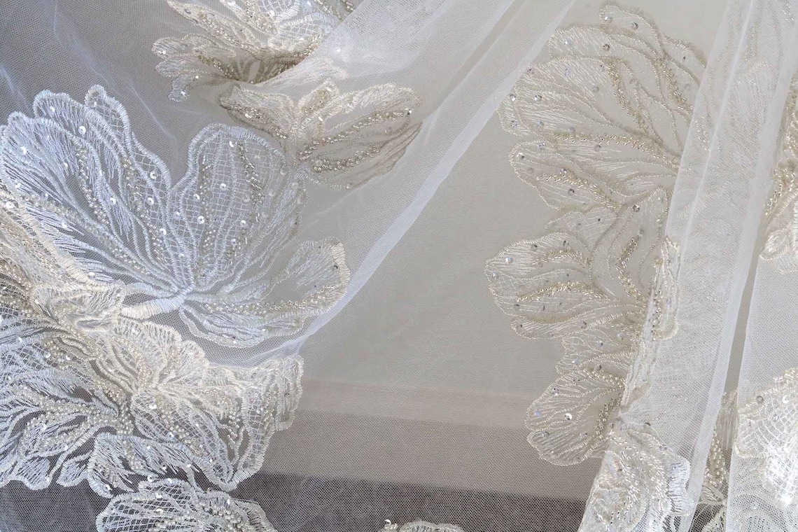 M003 Silver Lace Fabric for Wedding Dress, Beaded Lace Fabric, Bridal ...