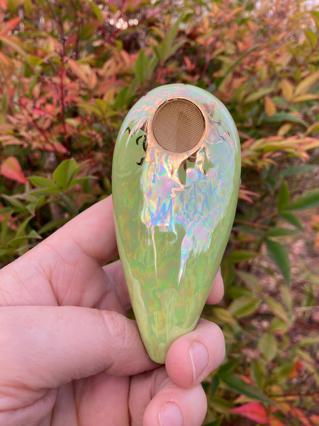 Handmade Porcelain Oval Palm Pipe: Mother of Pearl and Gold Sunshine ...
