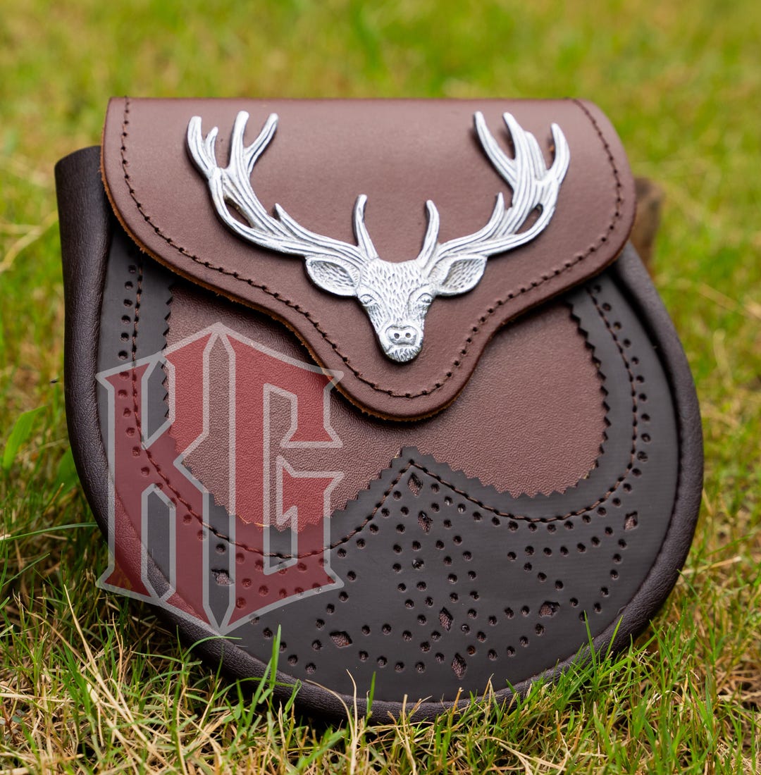 Broown Saddle Leather Semi Dress Sporran With Large Stag Head - Kilt ...