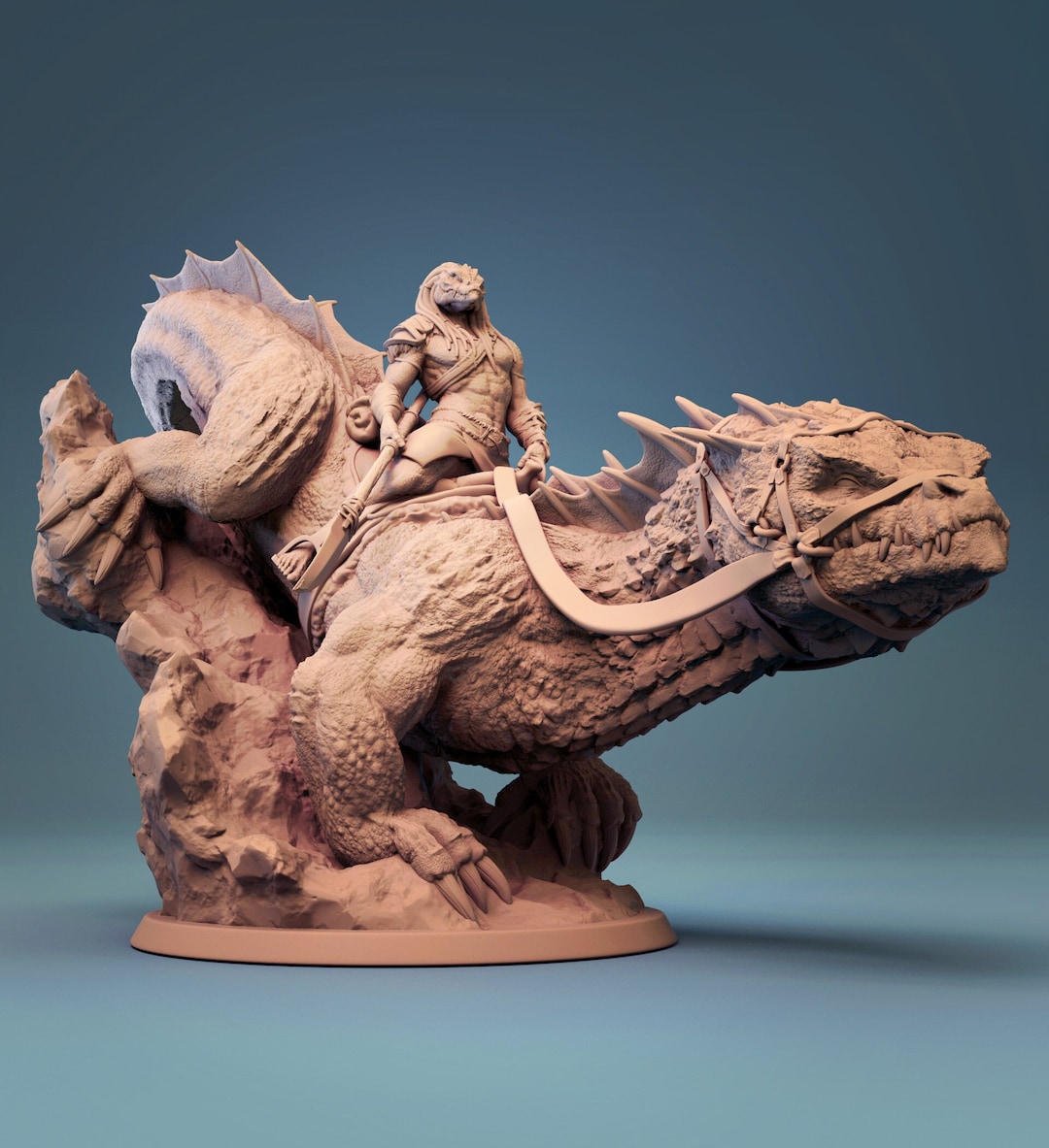 Lizardmen Lizardfolk Barbarian on Giant Lizard Premium Dnd Miniature ...