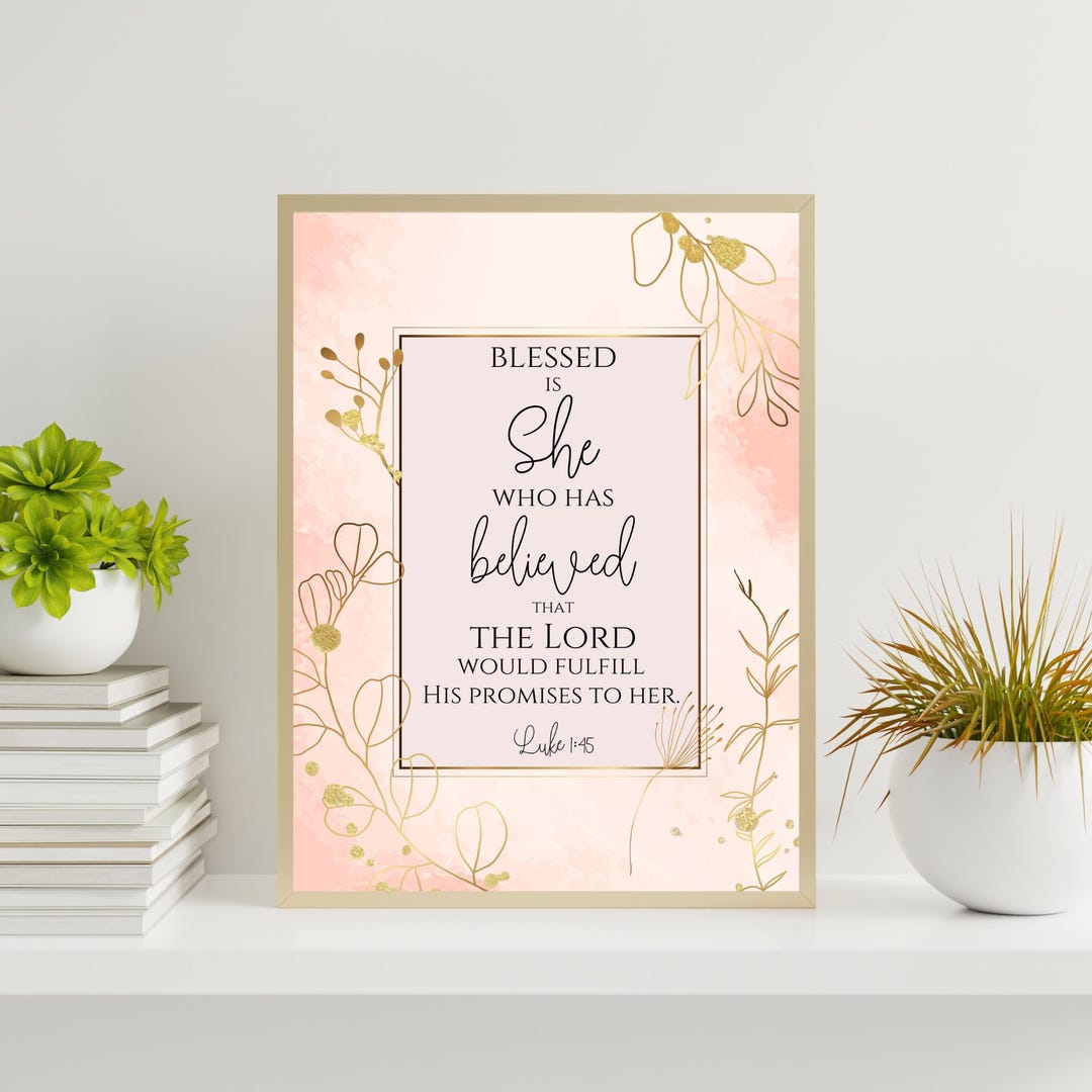 Luke 1:45 Botanical Pink Gold Background Print/blessed is She Who Has ...
